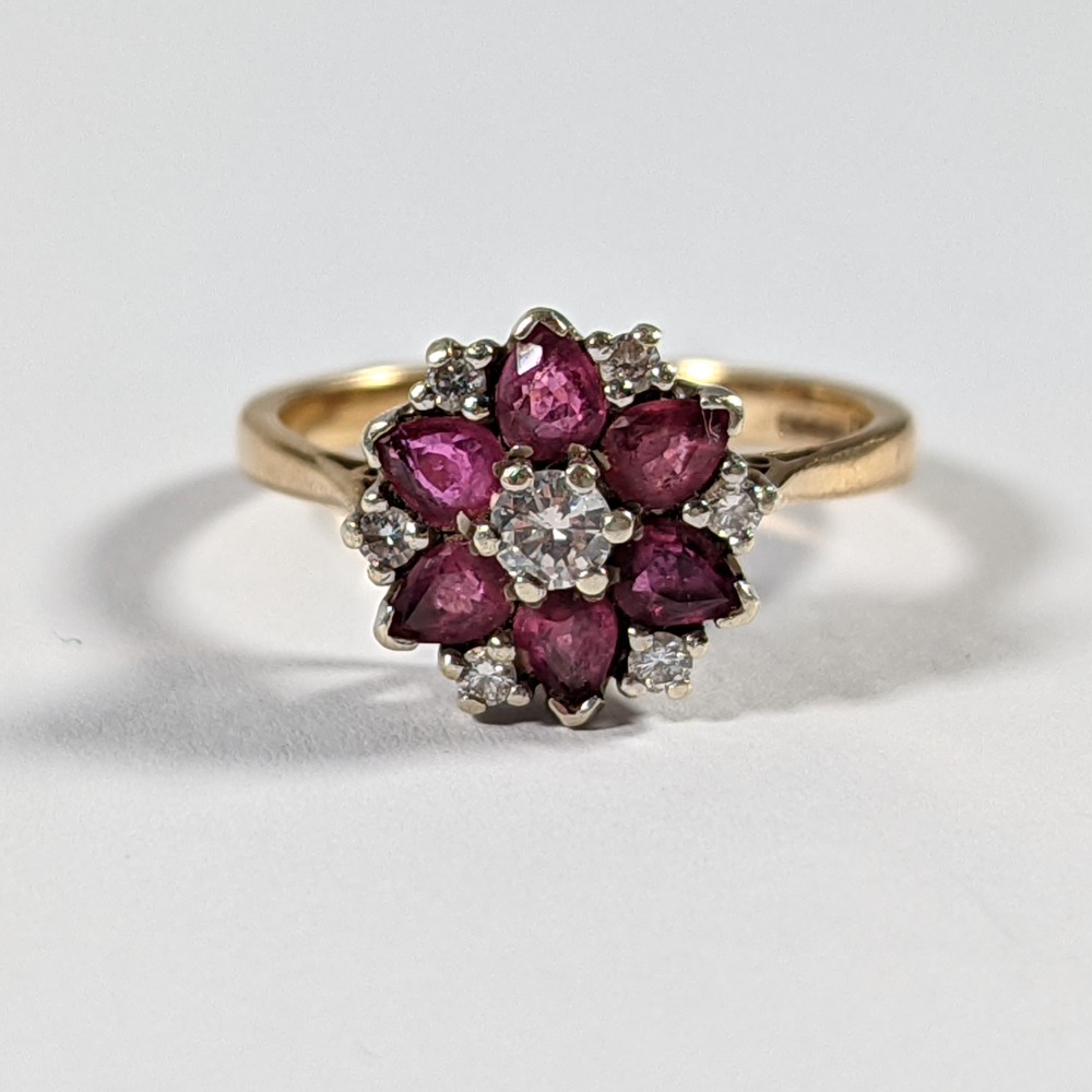 Pre-owned 9ct Gold Ruby & Diamond Flower Ring Size P - Own4Less